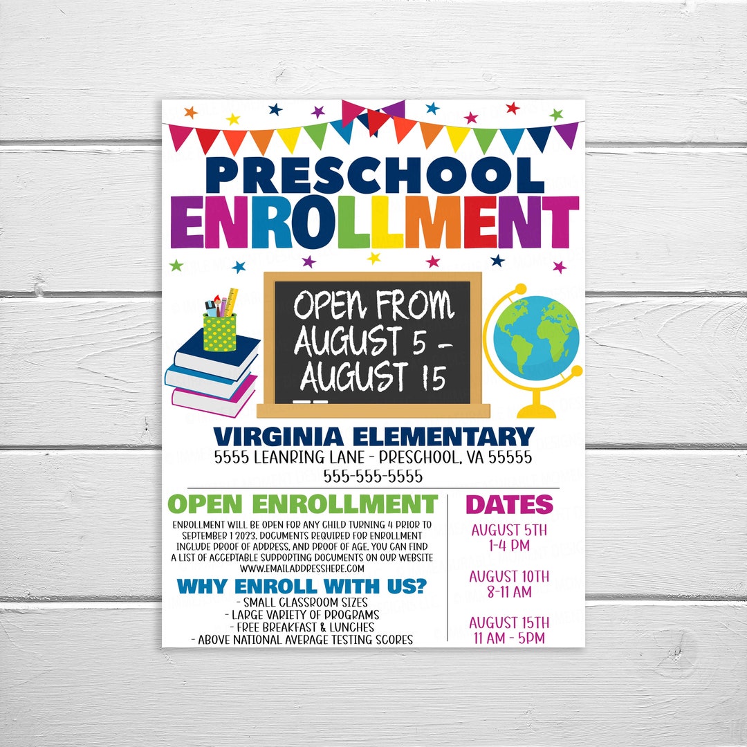 Preschool Enrollment Registration Flyer, Any Grade Editable Printable ...