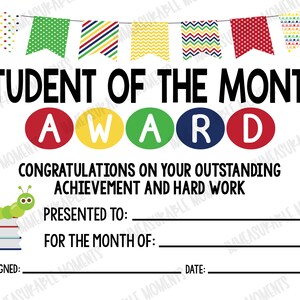Student of the Month Bookworm Award Certificate. Printable Digital ...