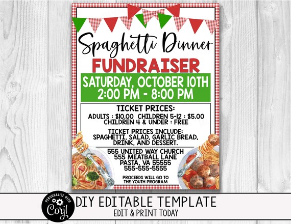 EDITABLE Spaghetti Fundraiser Flyer, Church School Business Fundraiser ...