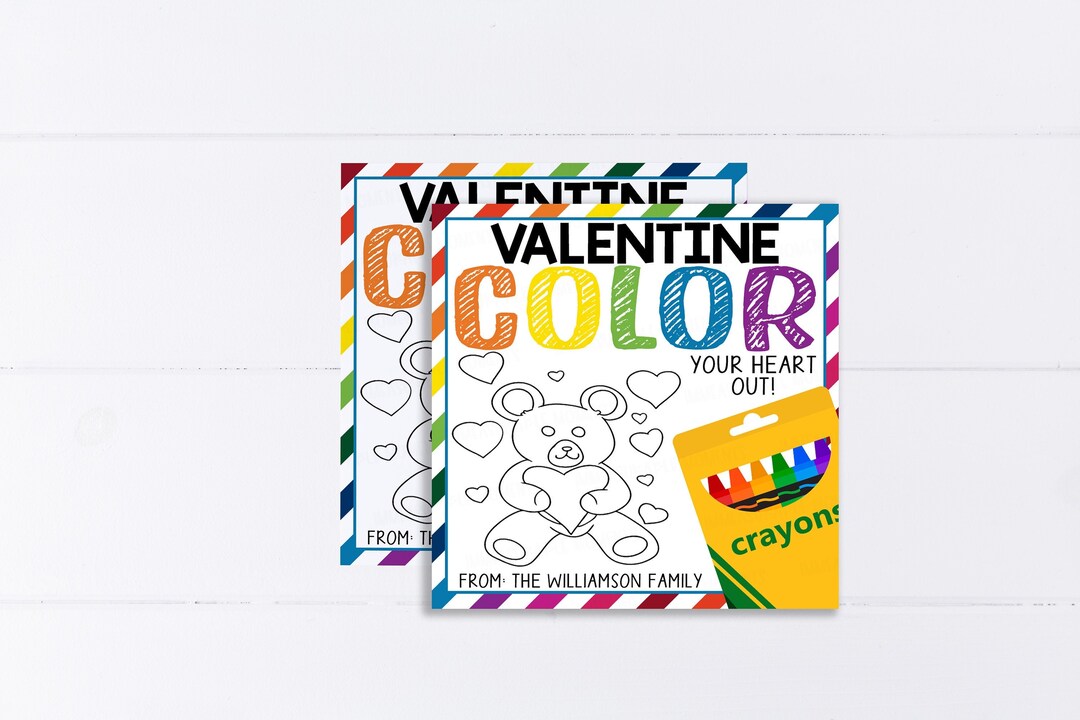 Valentine Coloring Tags, Editable Color Your Heart Out Gift Tag, Crayon ...