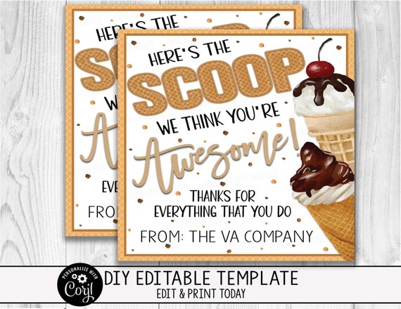Ice Cream Dessert Appreciation Gift Tag, Here's The Scoop, Employee ...
