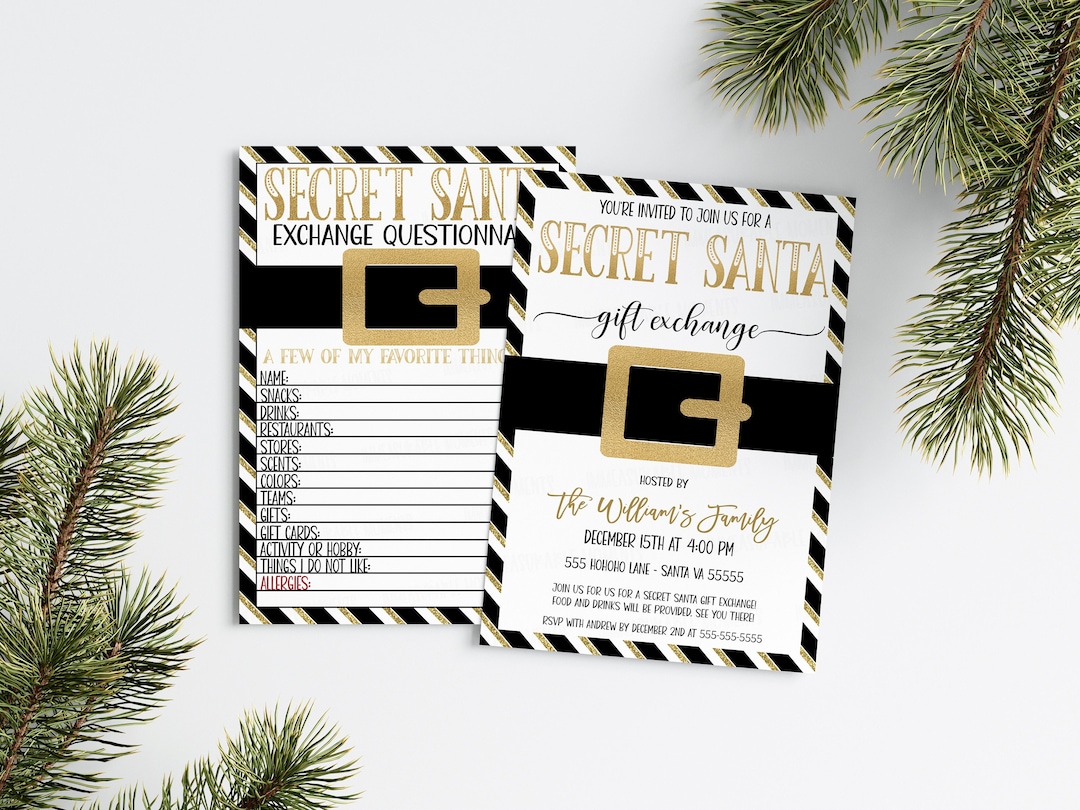 Secret Santa Invitation and Questionnaire Bundle, Editable Christmas ...