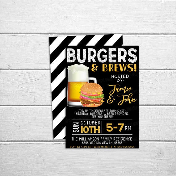 Burgers And Brews Invitation, Cookout Hamburger Grilling Party, Adult ...