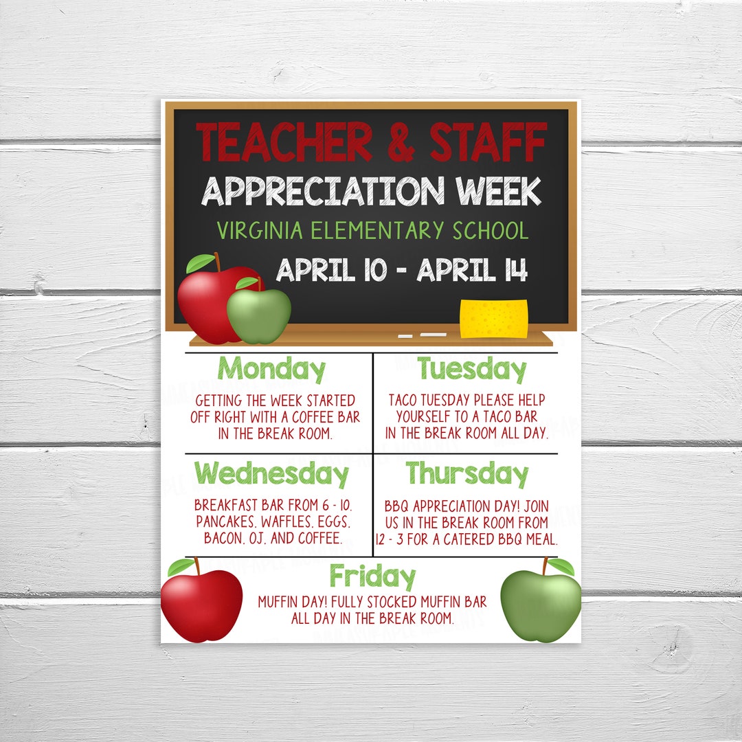 Teacher Appreciation Week Schedule Itinerary, Chalkboard Apple School ...