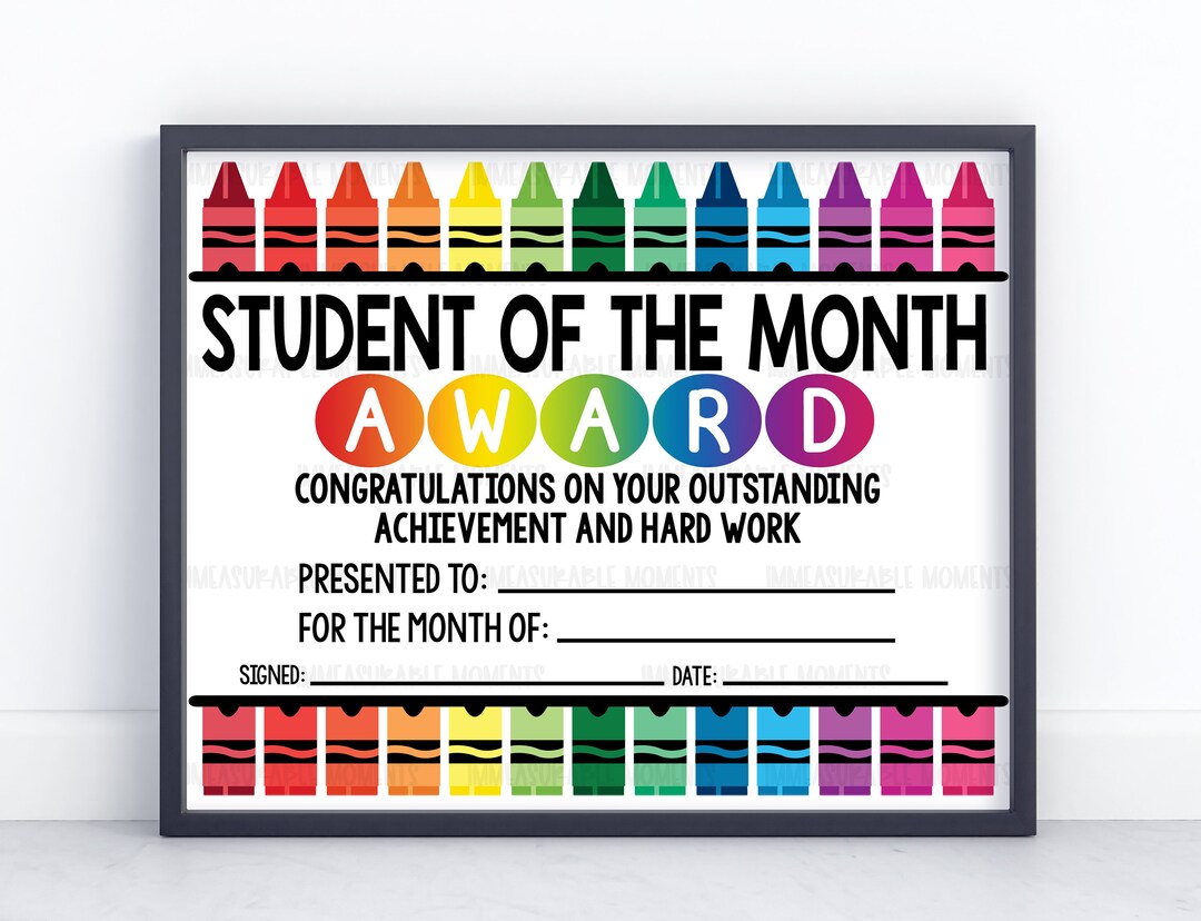 Student of the Month Award Certificate Colorful Crayons. Digital ...