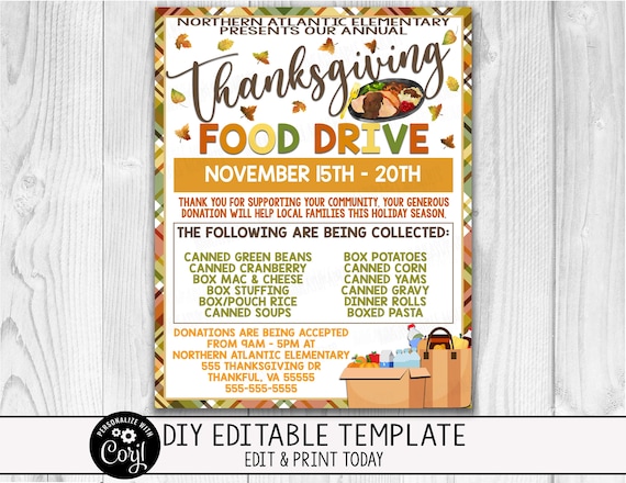 EDITABLE Thanksgiving Food Drive Fundraiser Flyer, Church School ...