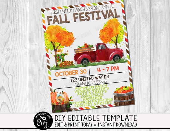 EDITABLE Fall Festival Flyer Invitation, Kids Fall Event, Community ...