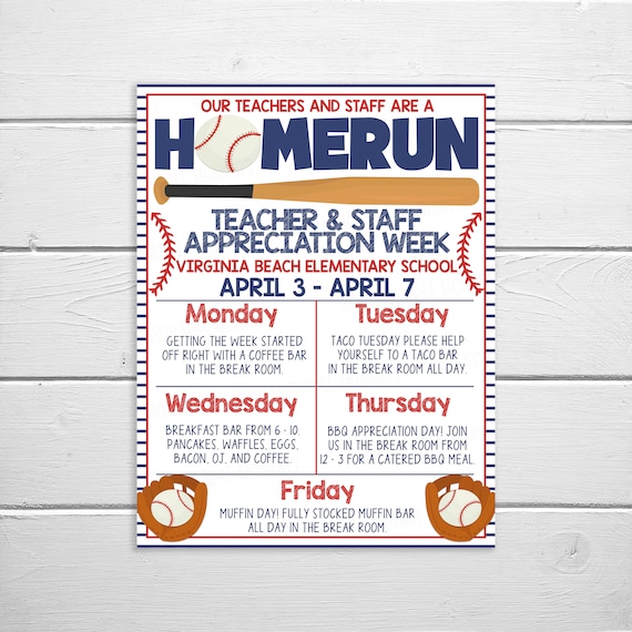 Baseball Teacher Staff Appreciation Week Itinerary Flyer, You're a Home ...