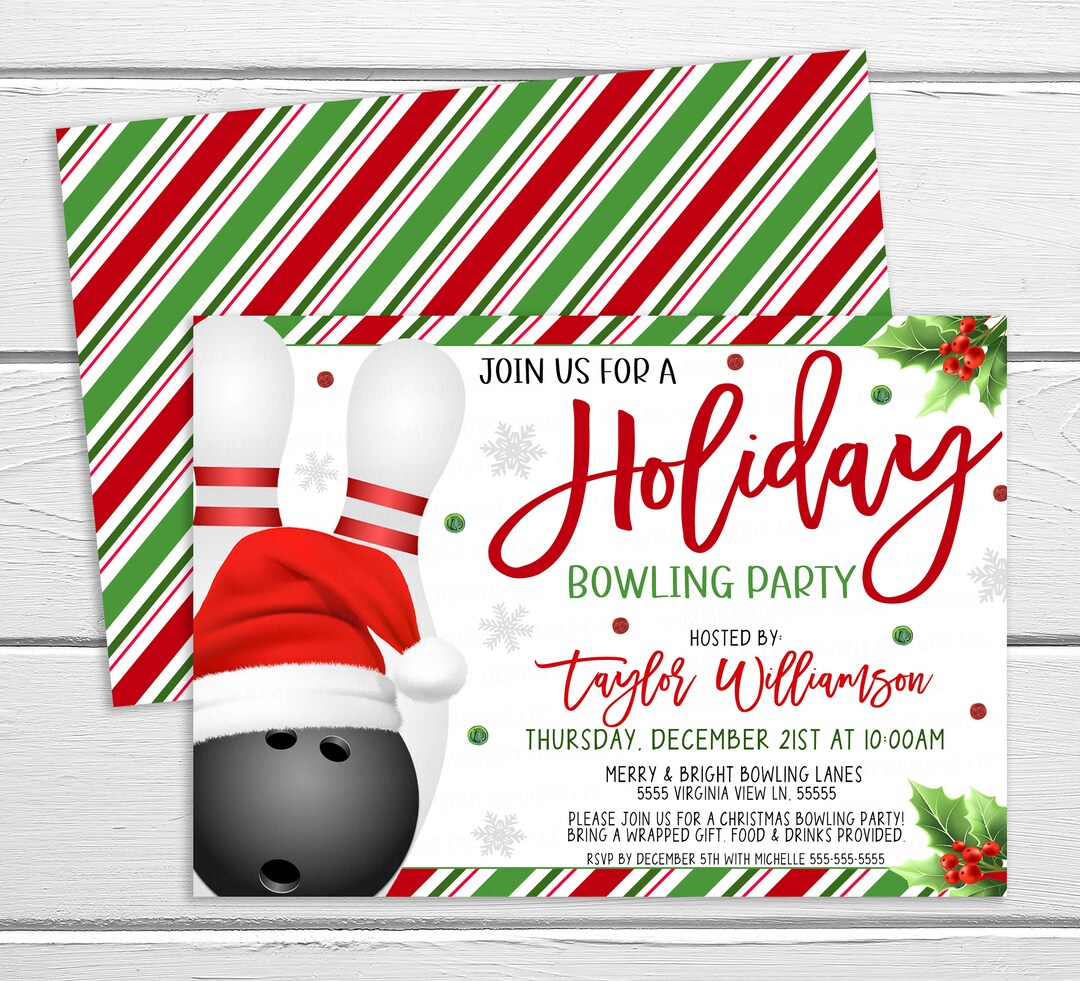 Editable Holiday Bowling Party Invitation, Christmas Bowling Party ...
