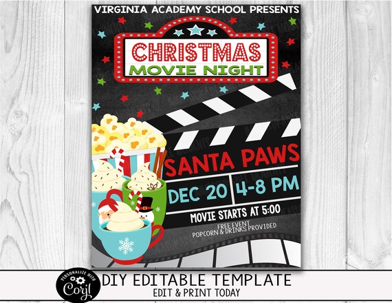 EDITABLE Christmas Movie Night Flyer Invitation, Kid School Family ...