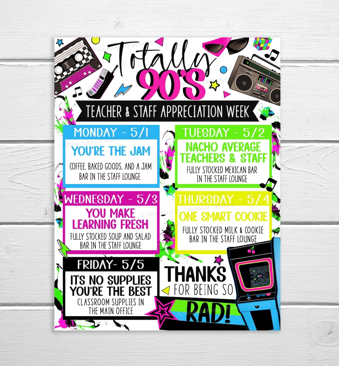 80s 90s Theme Teacher Nurse Staff Appreciation Week Itinerary Poster ...