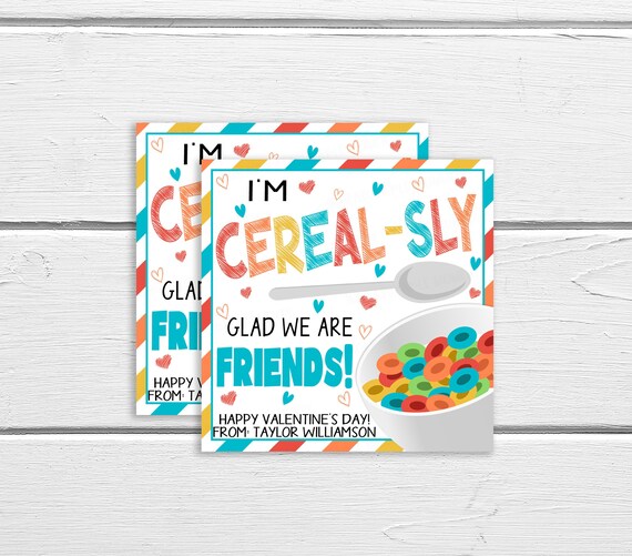 Valentine Cereal Gift Tags, Editable Breakfast Tag, I'm Cereal-sly Glad ...