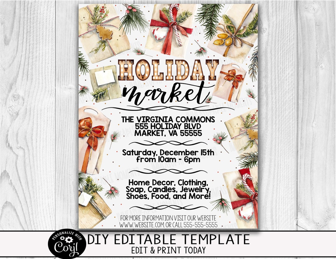 EDITABLE Holiday Market Flyer Invitation, Winter Christmas Fundraiser ...