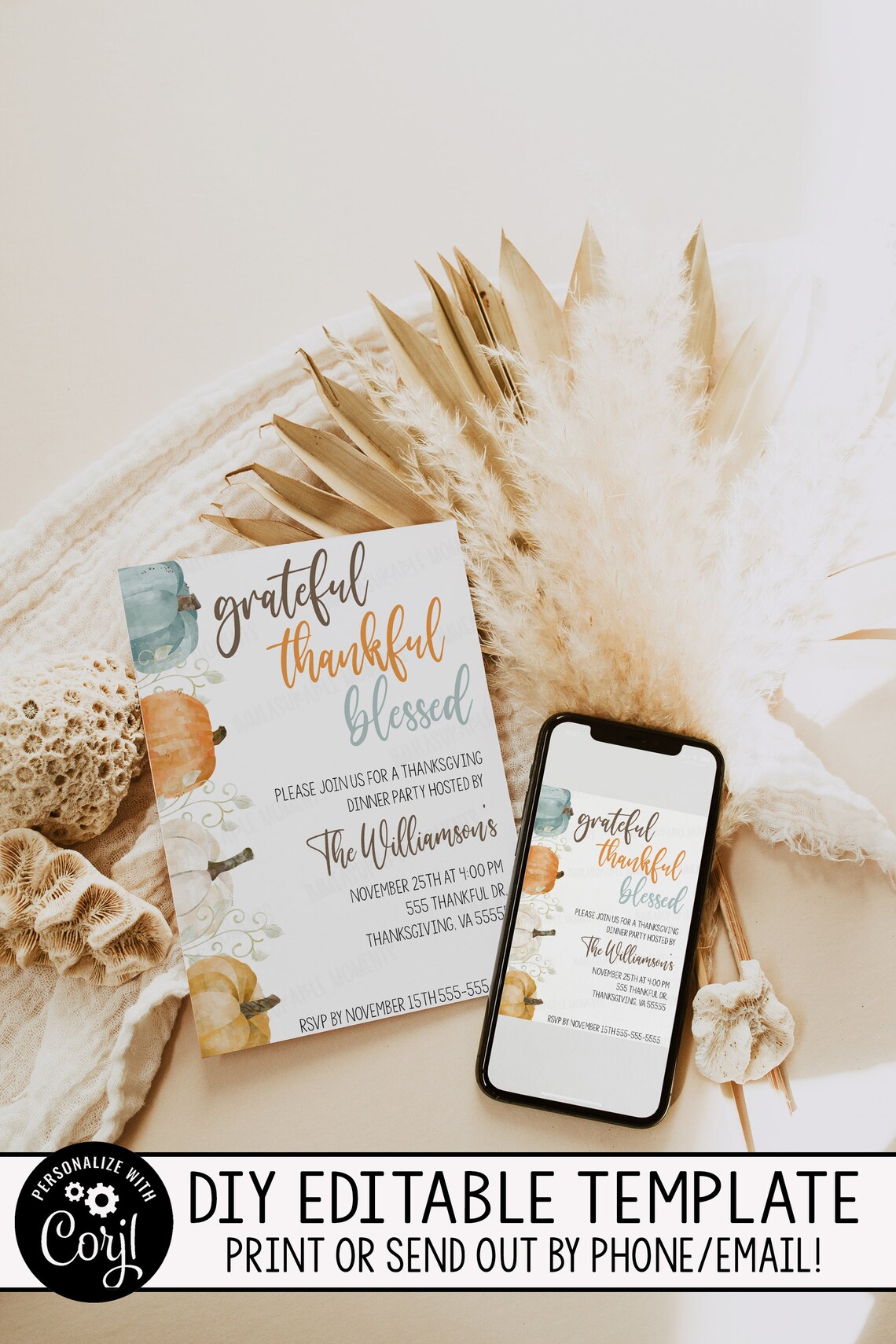 EDITABLE Grateful Thankful Blessed Invitation Card, Fall Thanksgiving ...