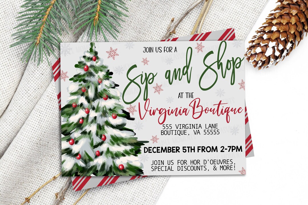 EDITABLE Sip and Shop Marketing Invitation Card, Holiday Christmas ...