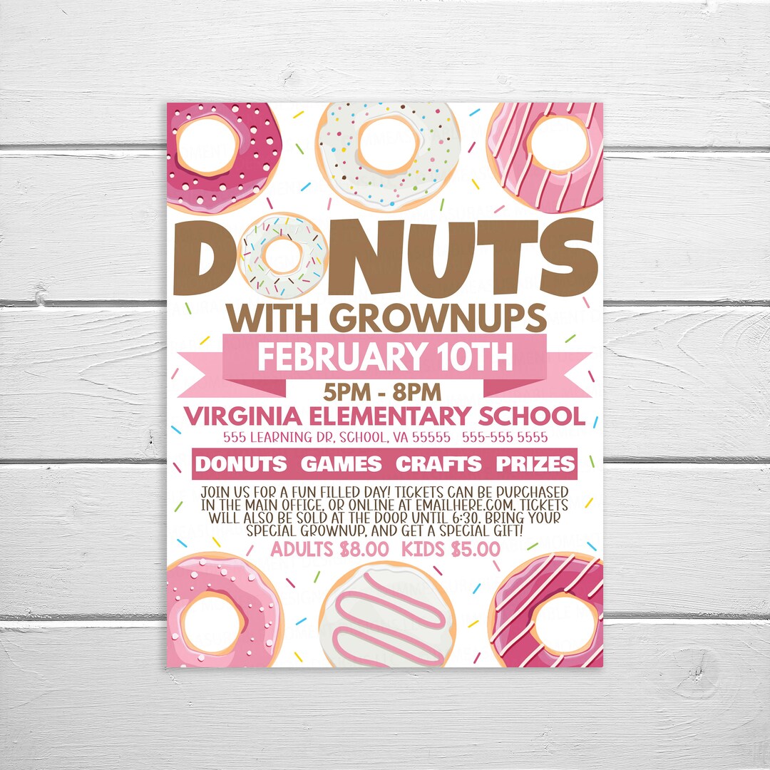 Valentine's Donuts With Grownups Flyer, School PTO PTA, Father Mother ...