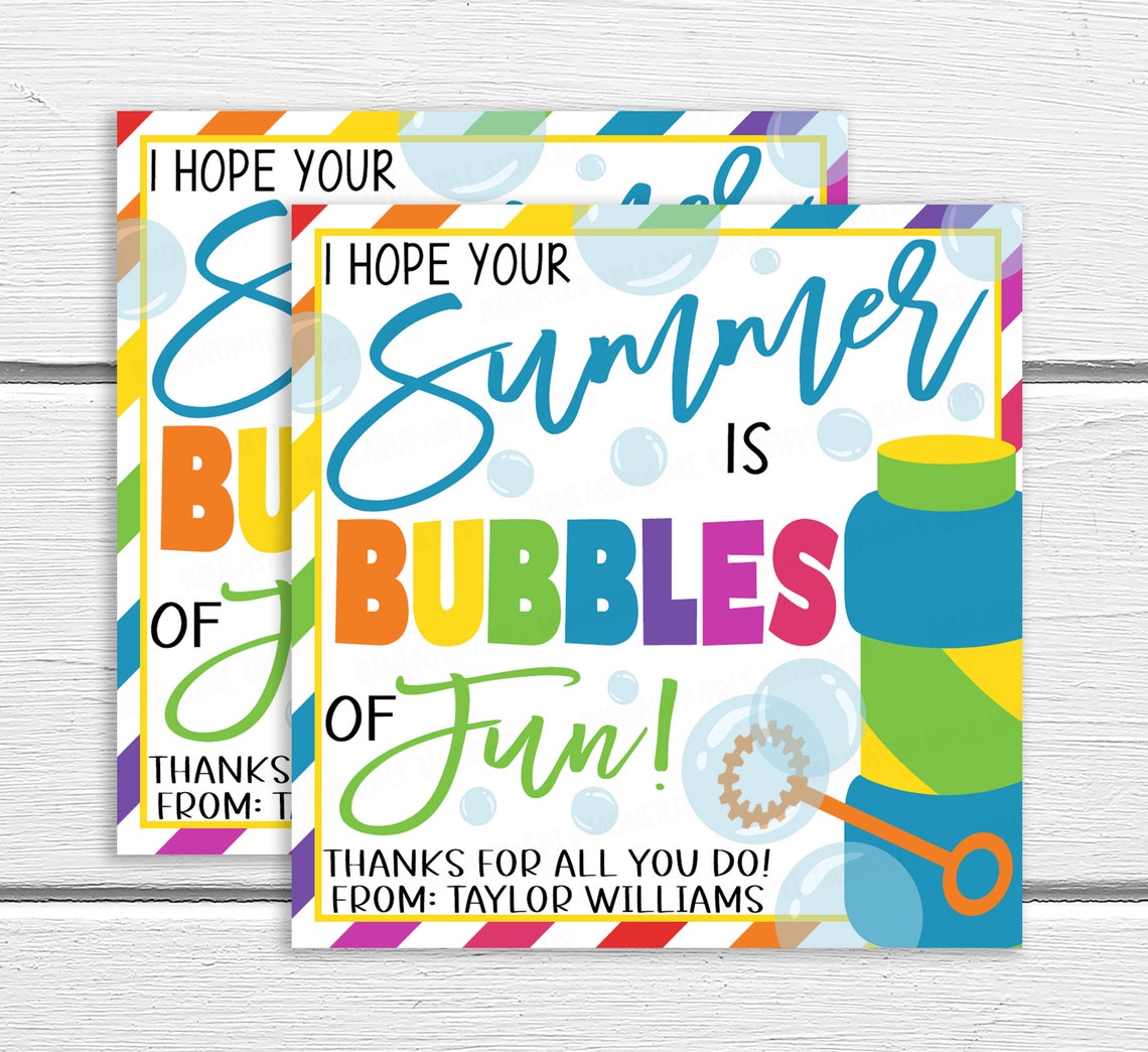 Summer Bubbles Gift Tags, Bubbles of Fun, End of School Year Gift Kids ...