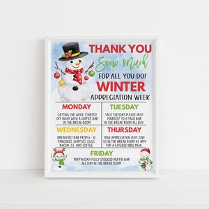 Winter Teacher Appreciation Week Schedule Itinerary, Christmas Holiday ...