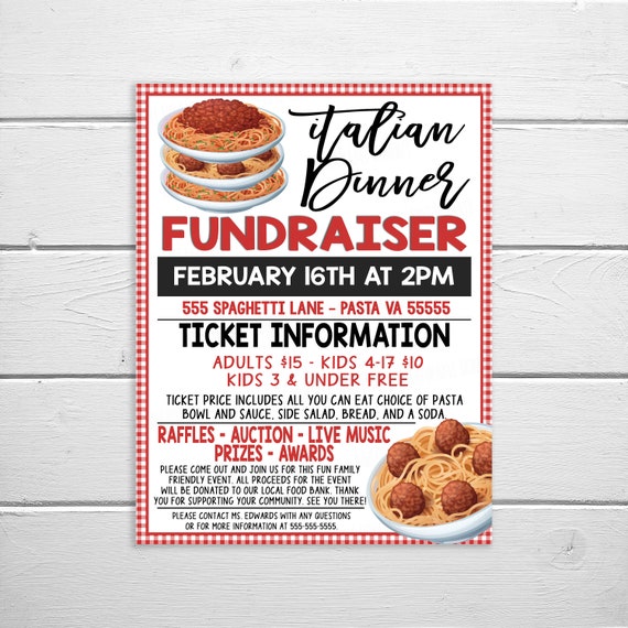Italian Dinner Fundraiser Flyer, Church School Business Fundraiser, PTO ...