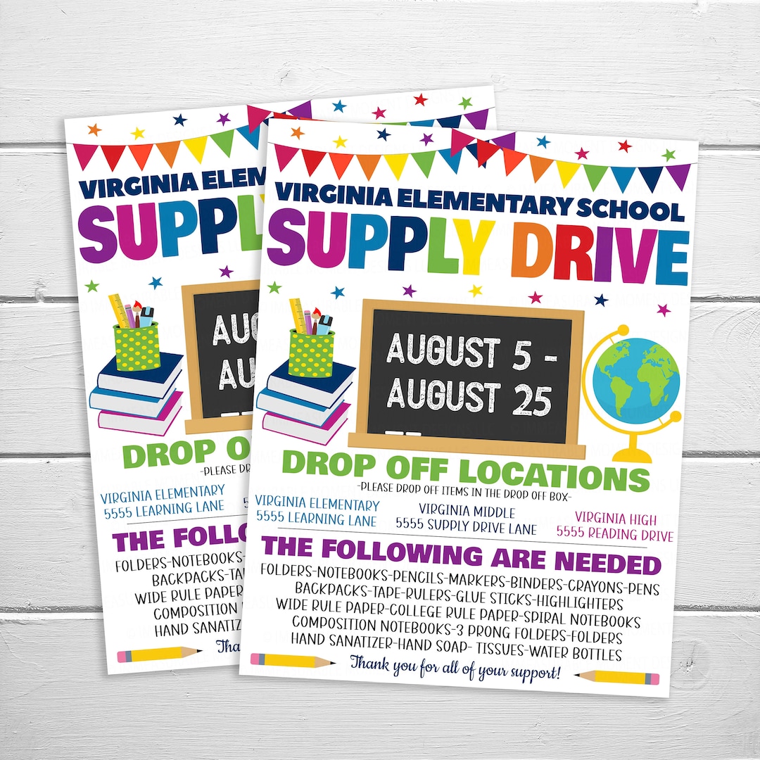 School Supply Drive Flyer, Printable Editable PTO PTA Flyer, Supplies Fundraiser Poster, Back to ...