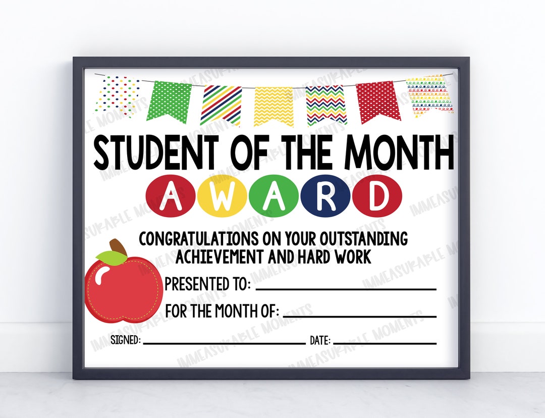 Student of the Month Award Certificate Apple - Etsy