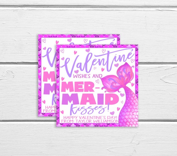 Valentine Mermaid Gift Tags, DIY Editable Gift Tag, Valentine Wishes ...