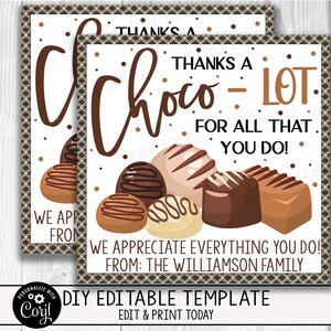 EDITABLE Chocolate Appreciation Gift Tag Favor Tag Employee | Etsy