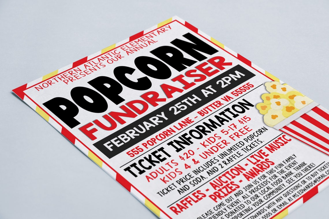 Popcorn Fundraiser Flyer, Editable Church School Business Fundraiser ...