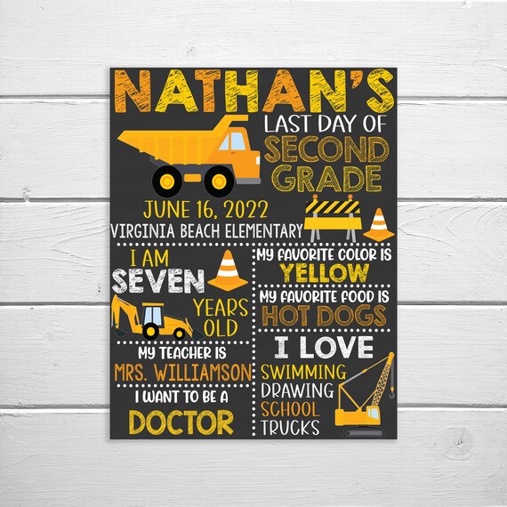 Editable Construction First Day Of School Sign, Any Age Grade, Last Day ...