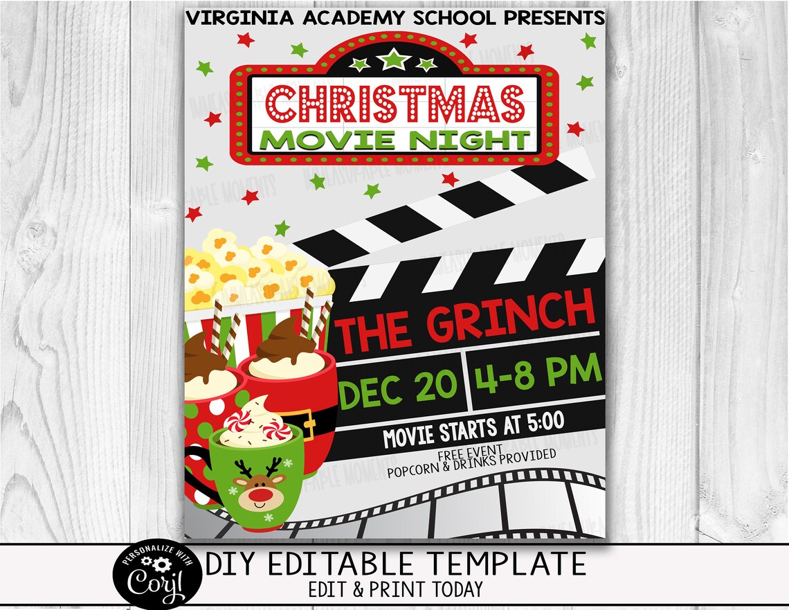 EDITABLE Christmas Movie Night Flyer Invitation, Kid School Family ...