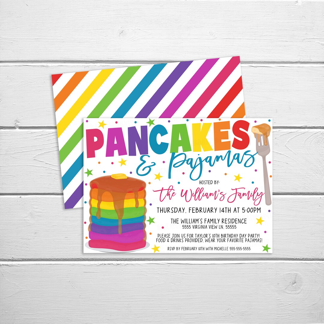 Pancakes and Pajamas Party Invitation, Editable Birthday Rainbow ...