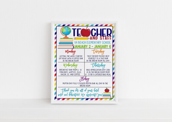 Teacher Appreciation Week Schedule Itinerary, Editable School Teacher ...