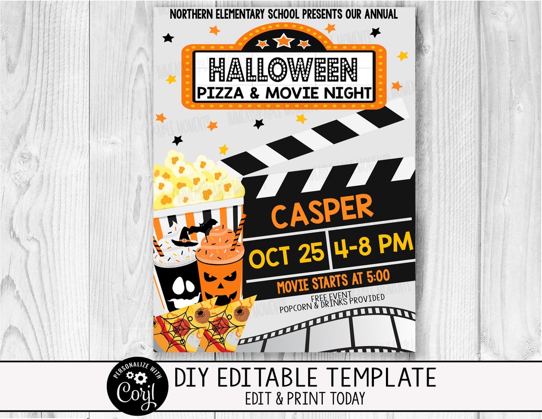 EDITABLE Halloween Movie and Pizza Night Flyer Invitation, Kids ...