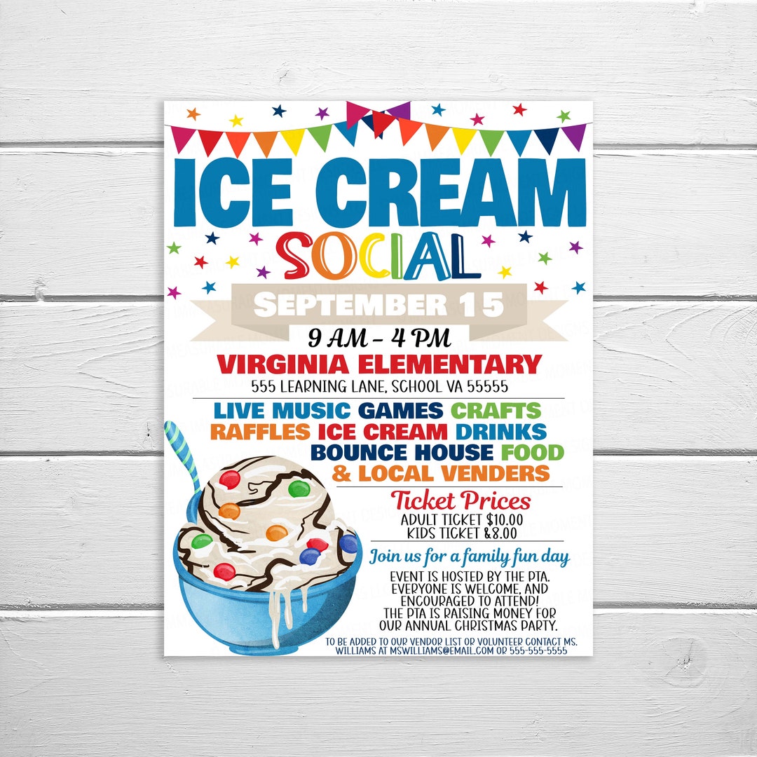 Ice Cream Social Fundraiser Flyer, Editable Church School PTA PTO ...