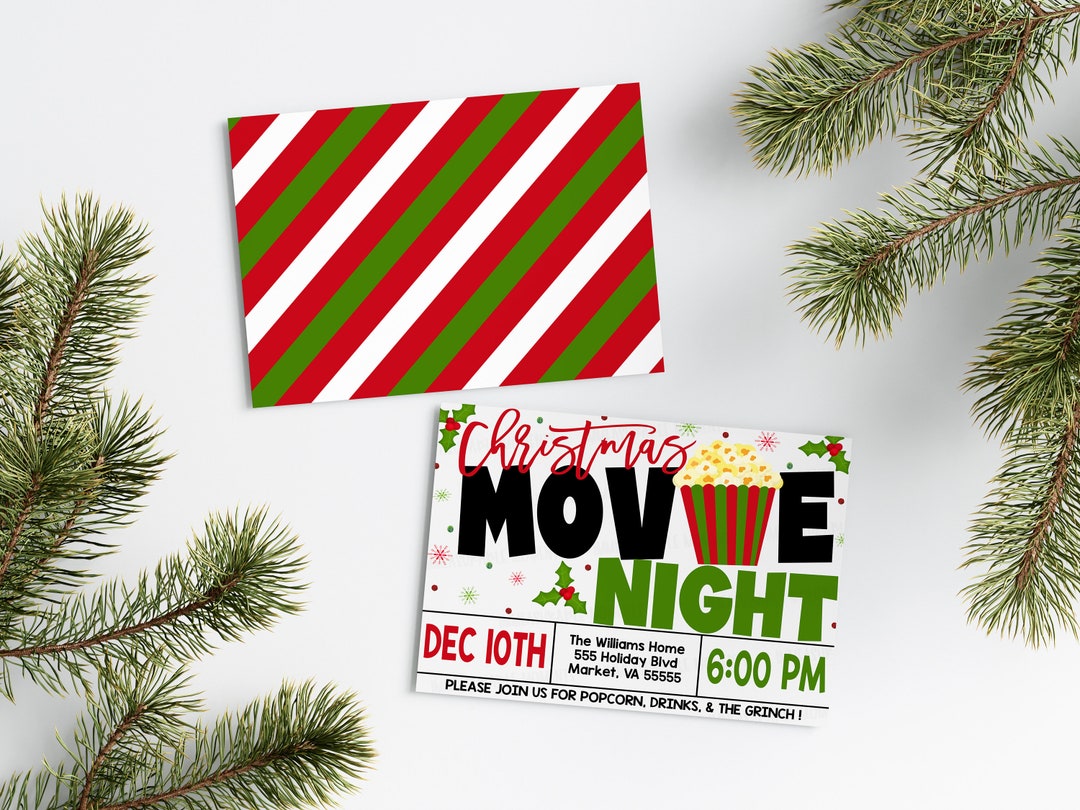 Christmas Movie Night Invitation Flyer, Movie Party Card, Movie ...