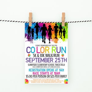 Color Run Flyer Invitation, Color Fun Dash Run Marathon 5K PTO PTA ...