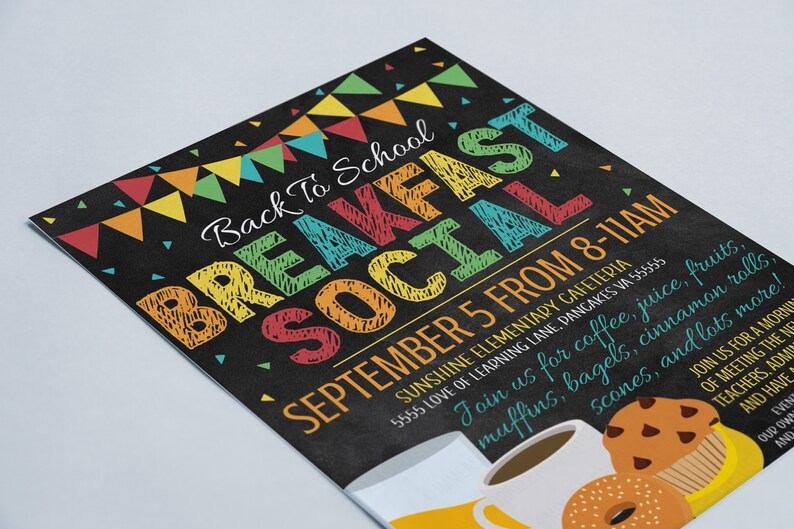 School Breakfast Social Flyer, PTO PTA Fundraiser, Teachers Staff ...