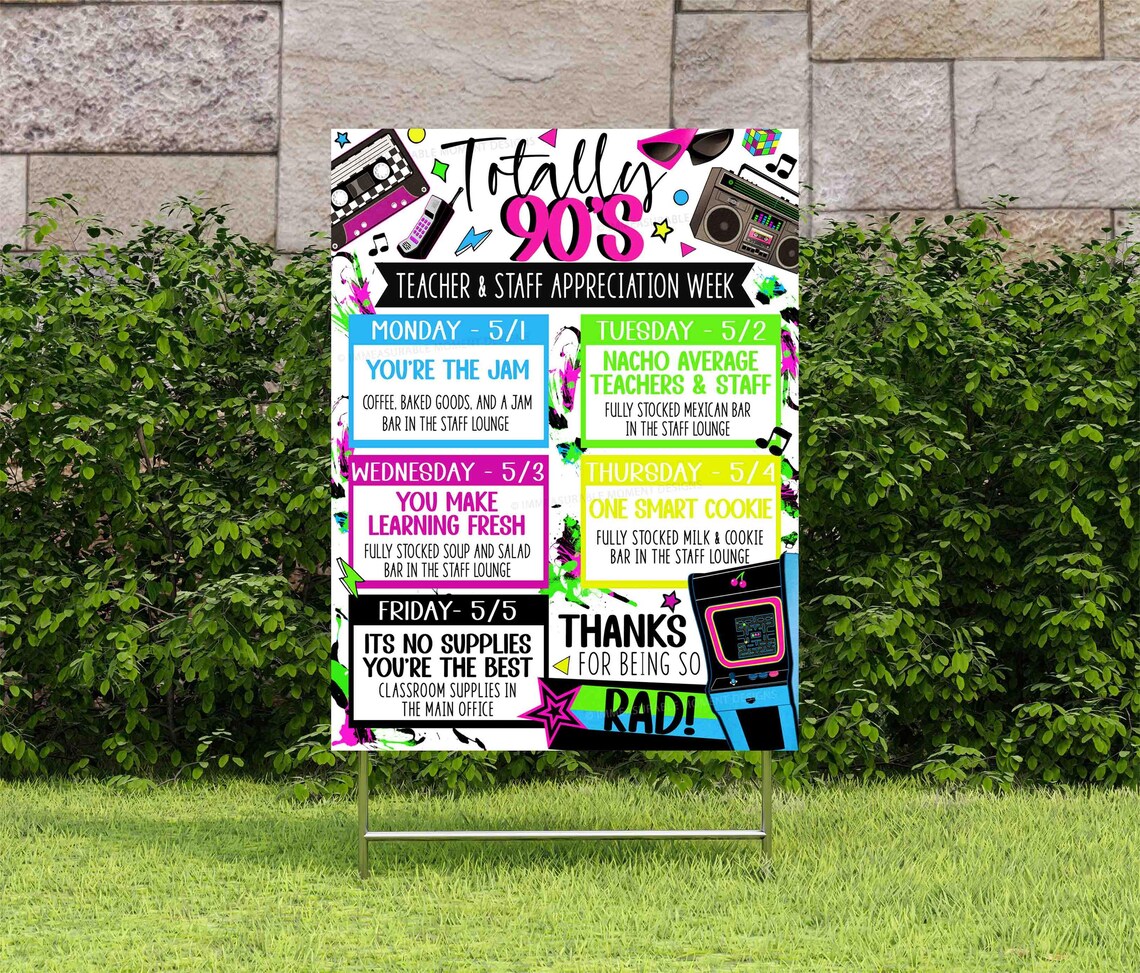 80s 90s Theme Teacher Nurse Staff Appreciation Week Itinerary Poster ...