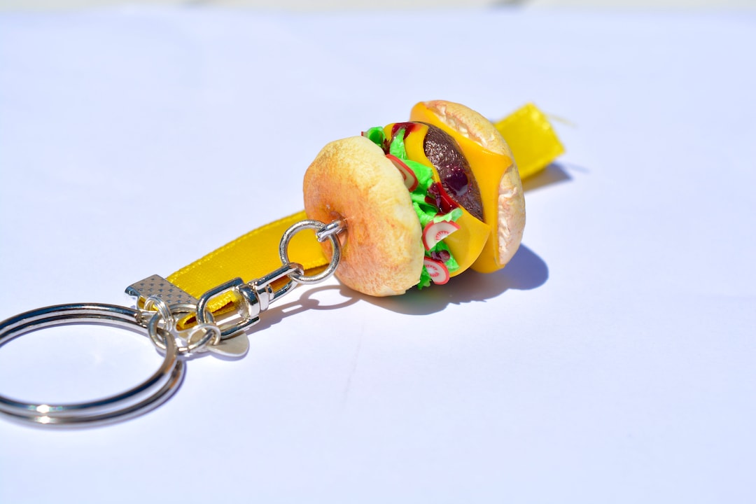 Realistic Miniature Hamburger Keychain, Heart Charm and Colored Ribbons ...