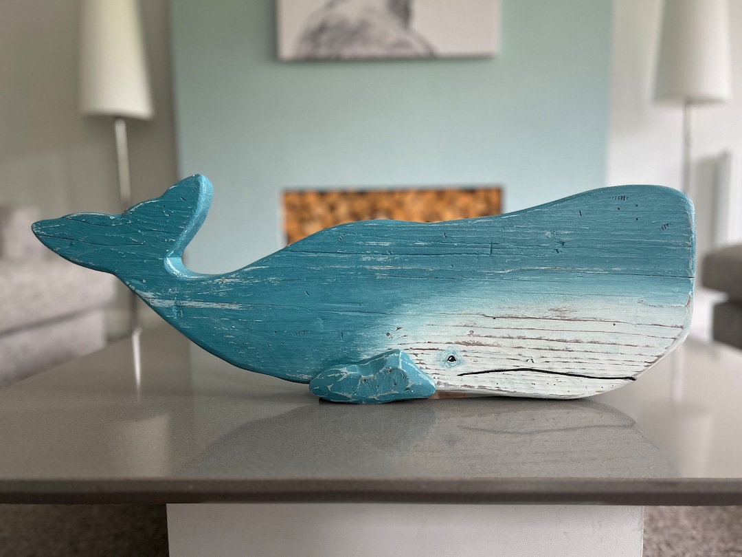 Large Wood Whale, Nautical Art, Beach Home Decor, Coastal Theme, Teal ...