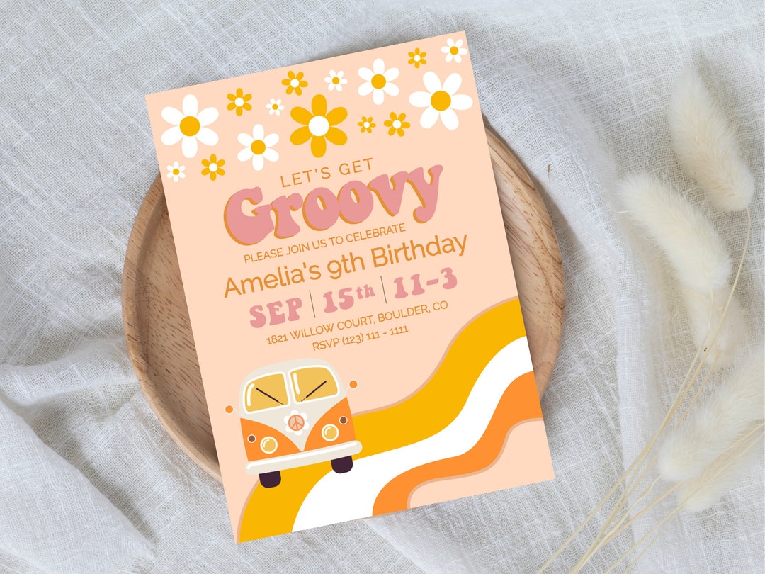 Editable Groovy Birthday Party Invitation | Retro Party Invitation ...