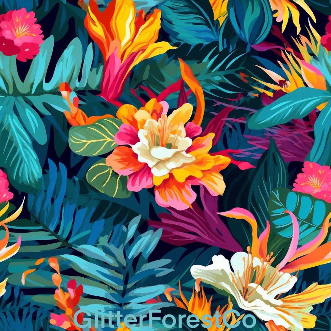 Tropical Floral Seamless Flower Pattern, Bright Colors, Digital Repeat ...