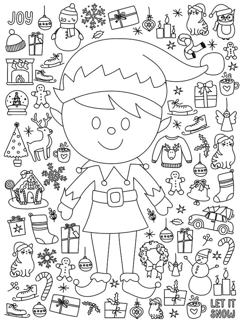 JUMBO Christmas Coloring Poster, BOY Elf Coloring Page, Doodle Coloring ...