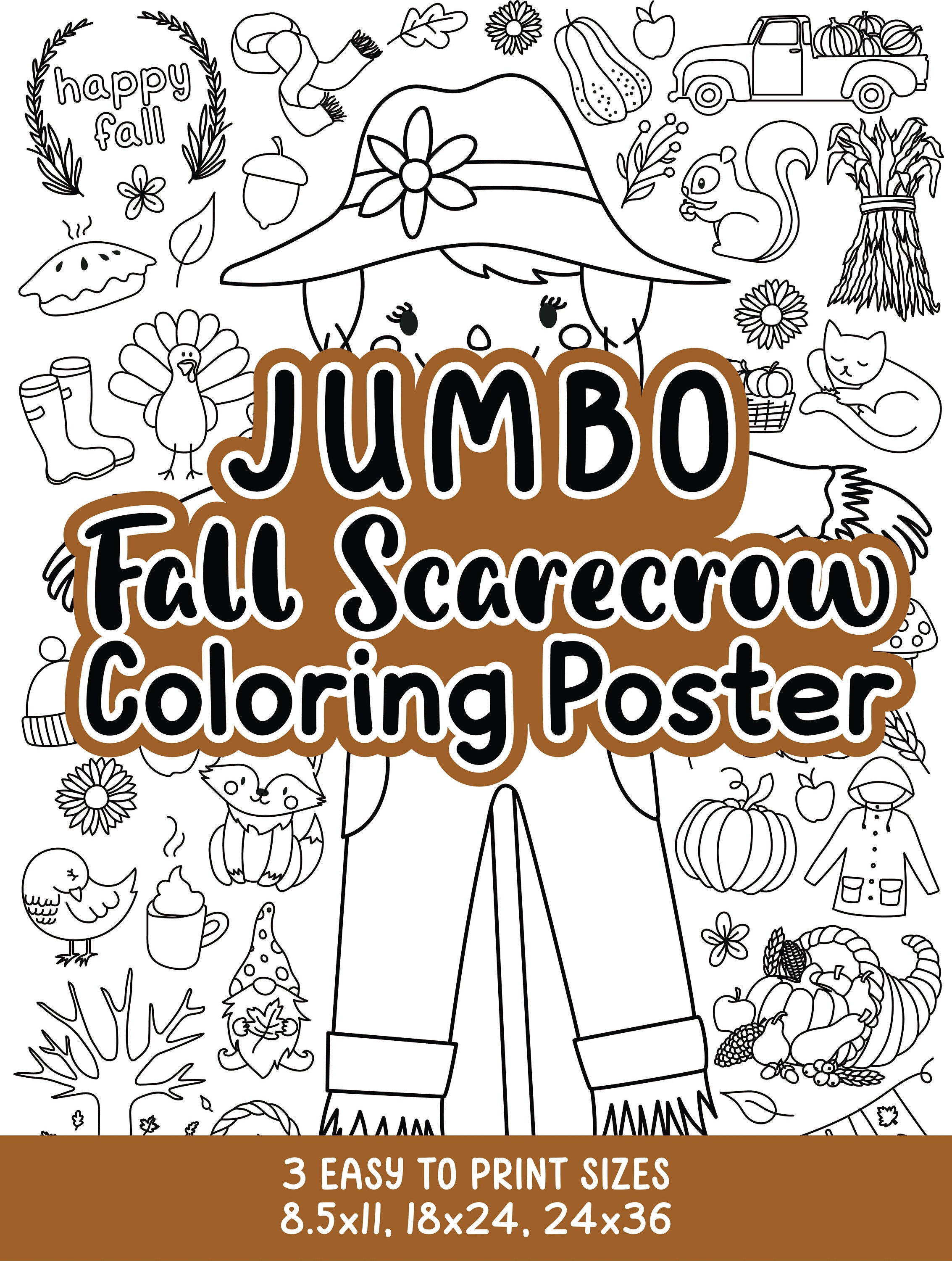 JUMBO Fall Coloring Poster, GIRL Scarecrow Coloring Pages, Doodle ...