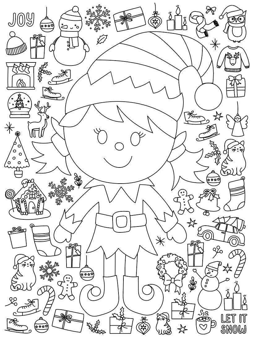 JUMBO Christmas Coloring Poster, GIRL Elf Coloring Page, Doodle ...