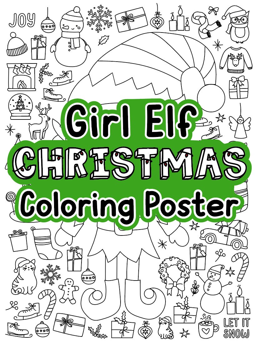 JUMBO Christmas Coloring Poster, GIRL Elf Coloring Page, Doodle ...
