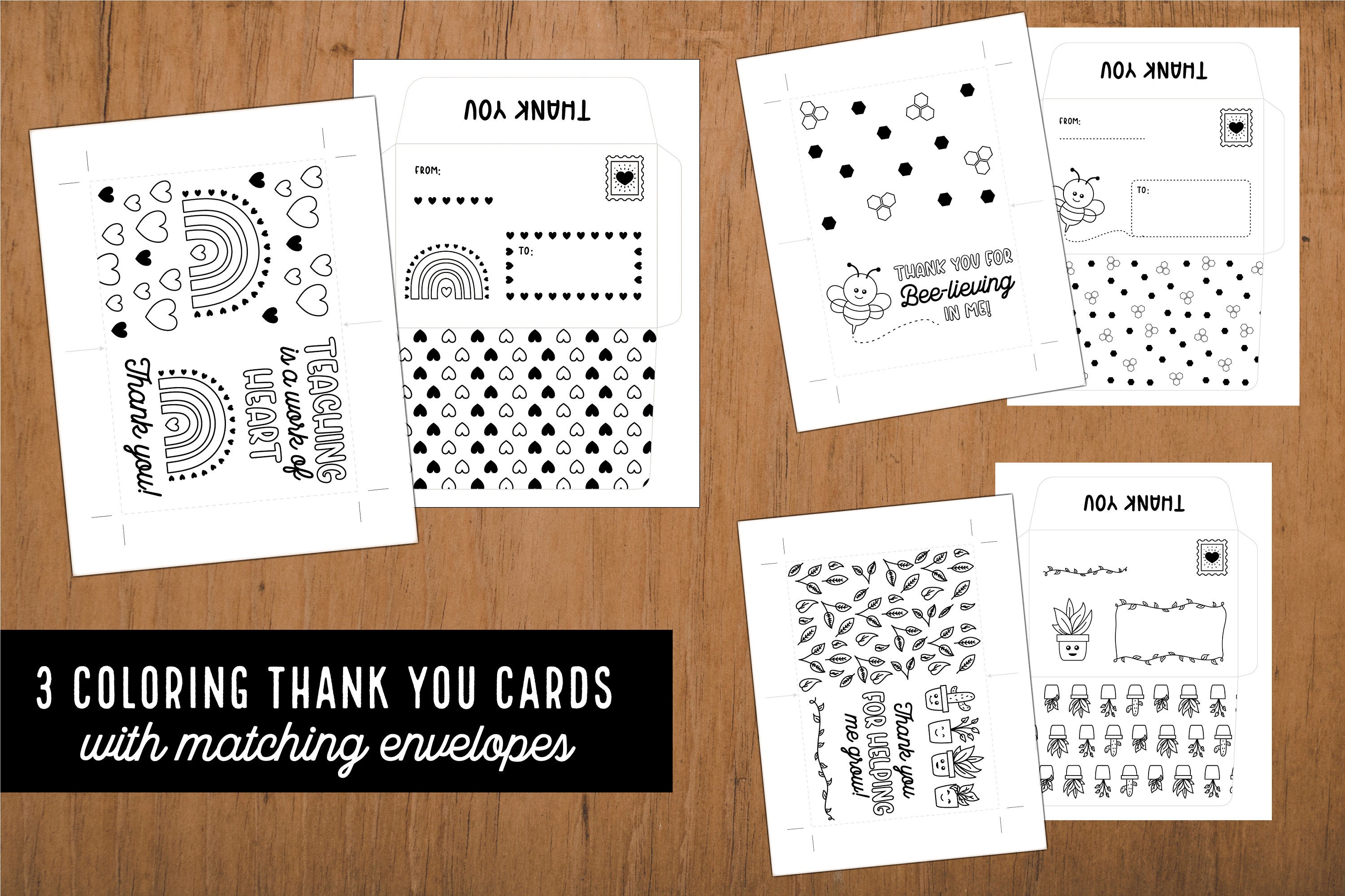 THREE Fun Teacher Thank You Cards and Envelopes, Coloring Page ...