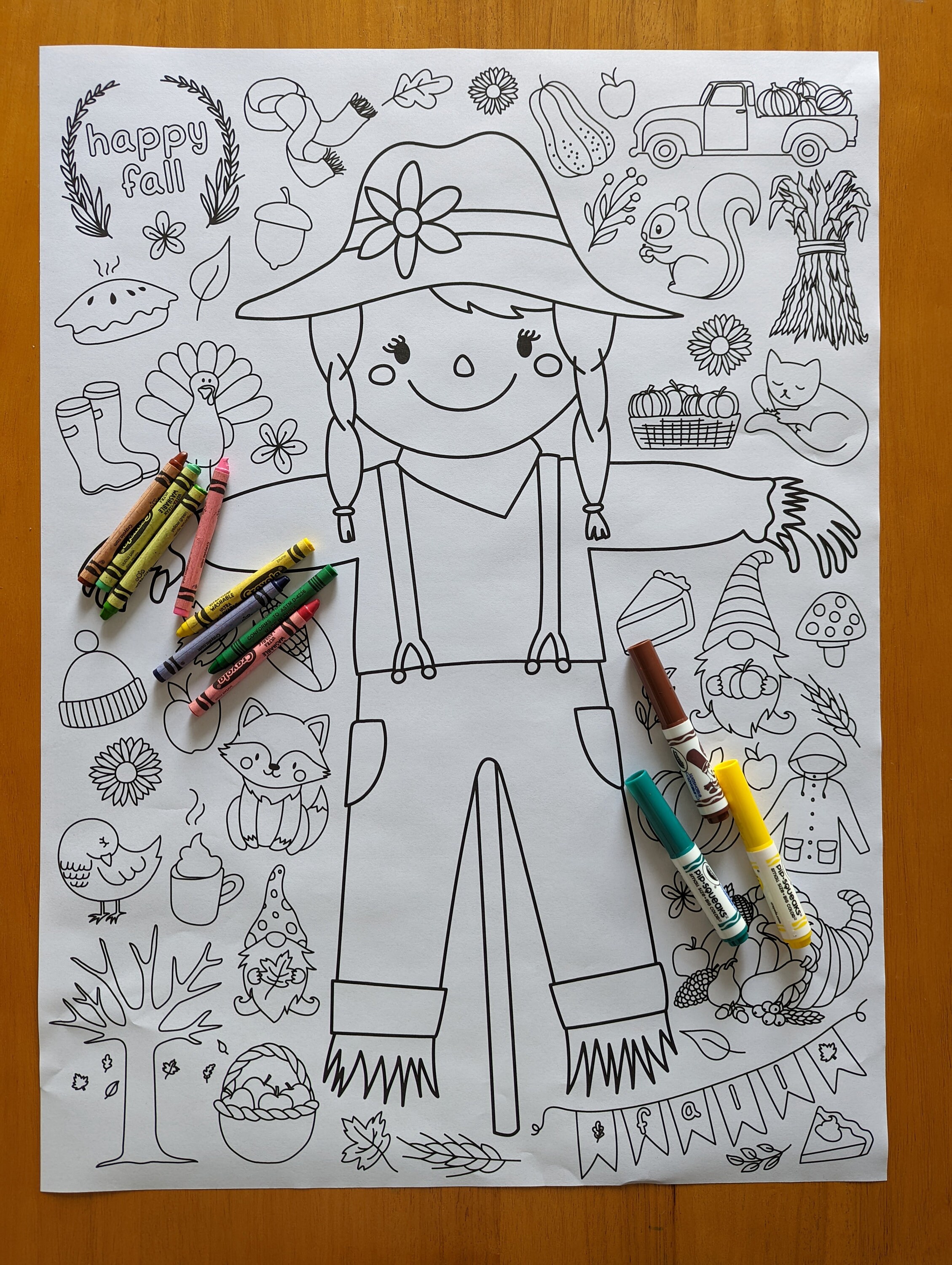 JUMBO Fall Coloring Poster, GIRL Scarecrow Coloring Pages, Doodle ...