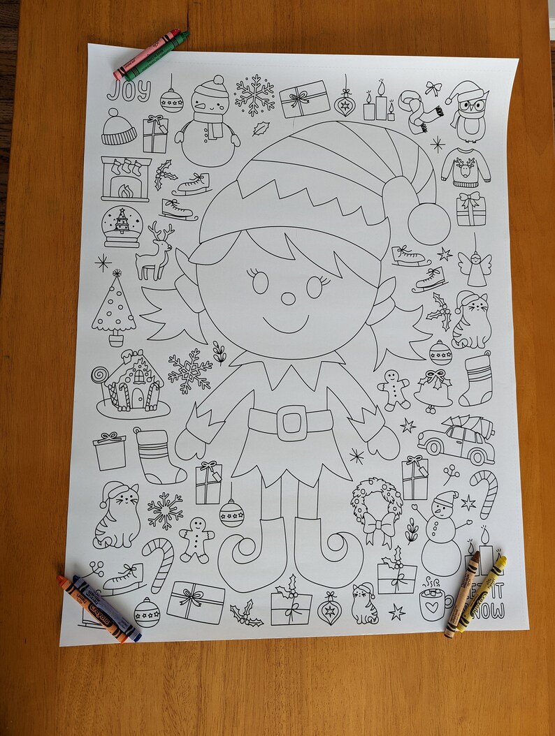 JUMBO Christmas Coloring Poster, GIRL Elf Coloring Page, Doodle ...