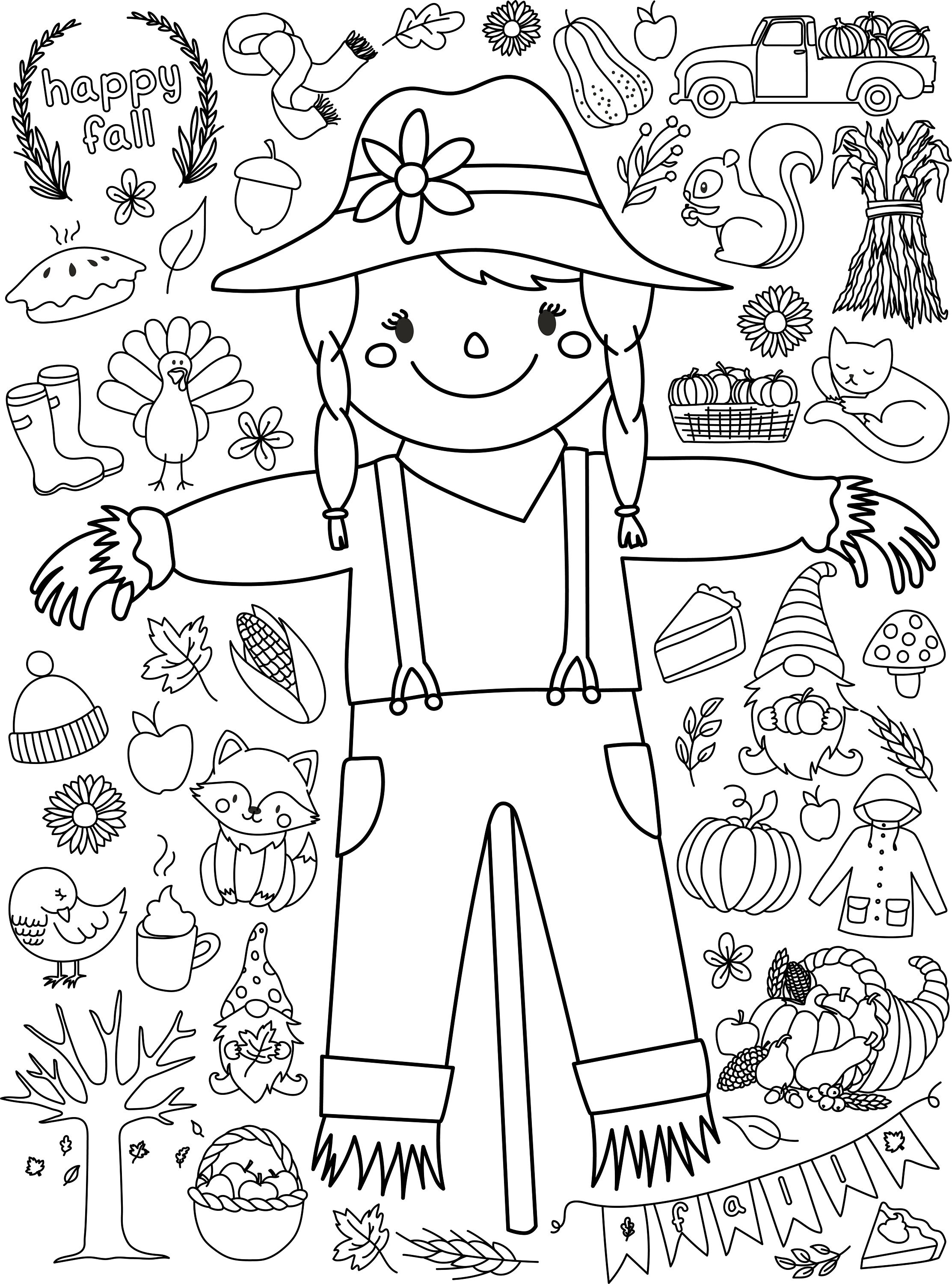 JUMBO Fall Coloring Poster, GIRL Scarecrow Coloring Pages, Doodle ...